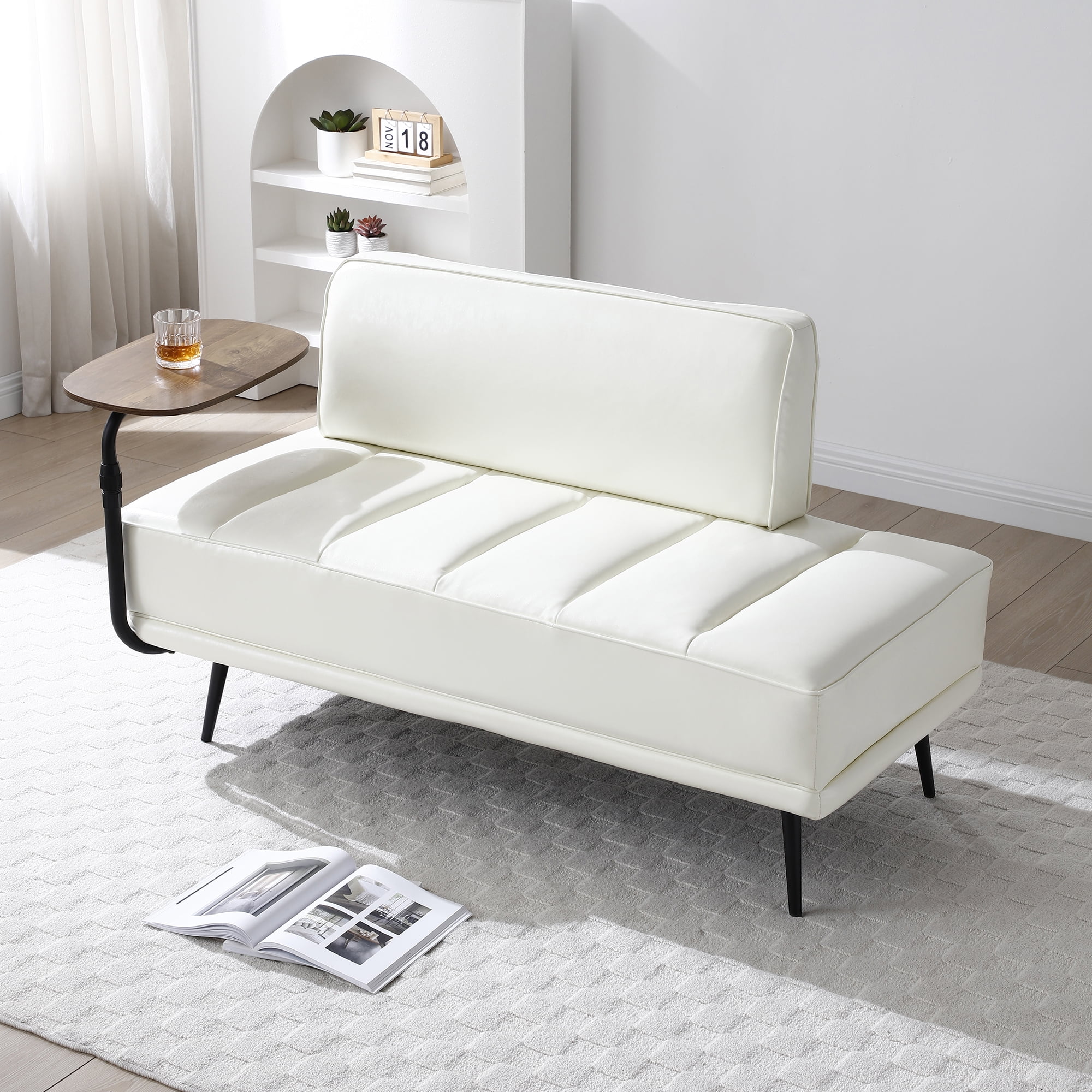 Miniyam 55in Beige PU Leather Bench with 360-Degree Swivel Table for ...
