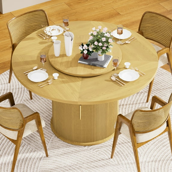 Miniyam 55" Round Rotating Dining Table with Storage Shelves, Wood ...