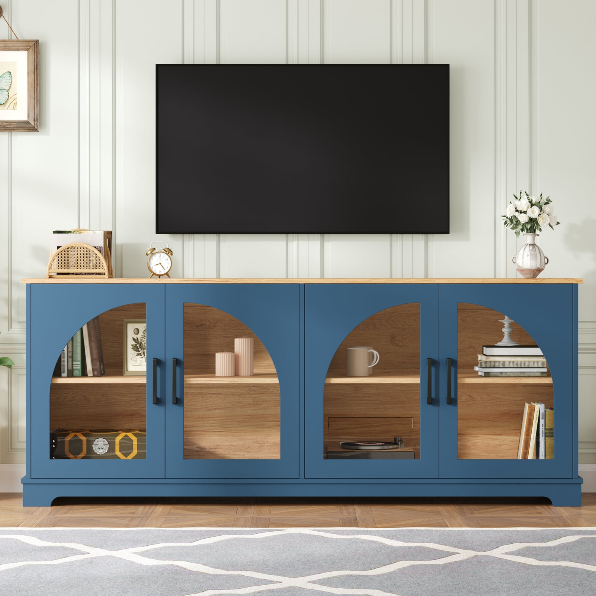 Miniyam Farmhouse TV Stand w/Semi-Arched Glass Doors for 70″ TVs, Media ...