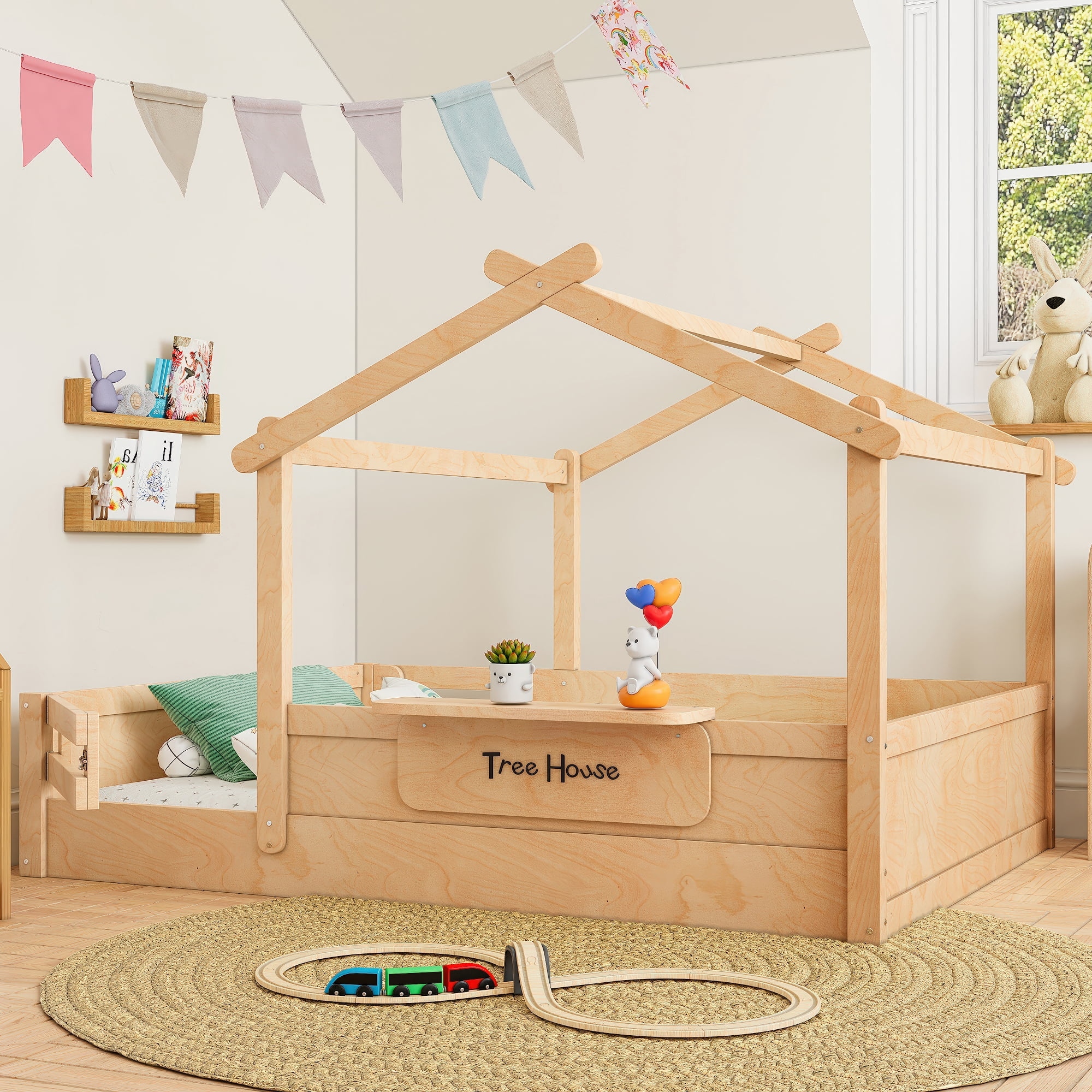 Miniyam Full House Floor Bed with Fence and Door, Enclosed Kids Floor ...