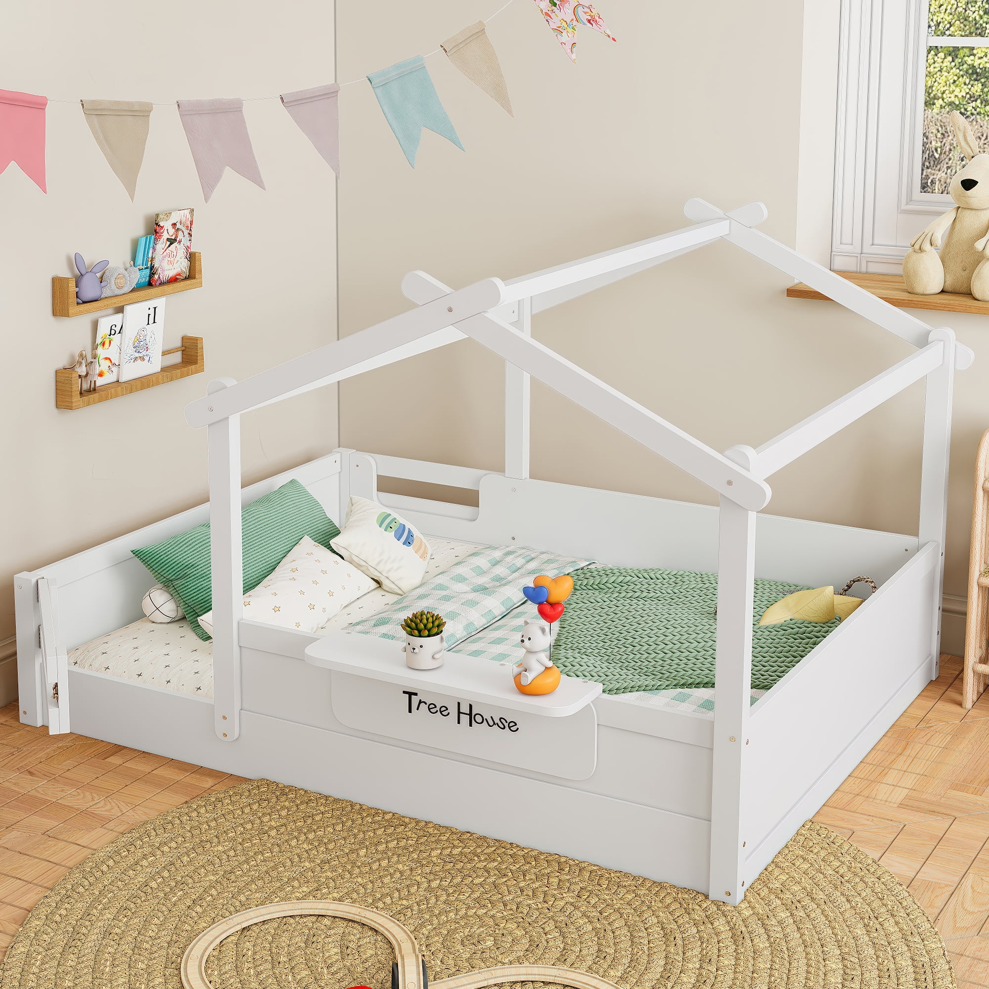 Miniyam Full House Floor Bed with Fence and Door, Enclosed Kids Floor ...