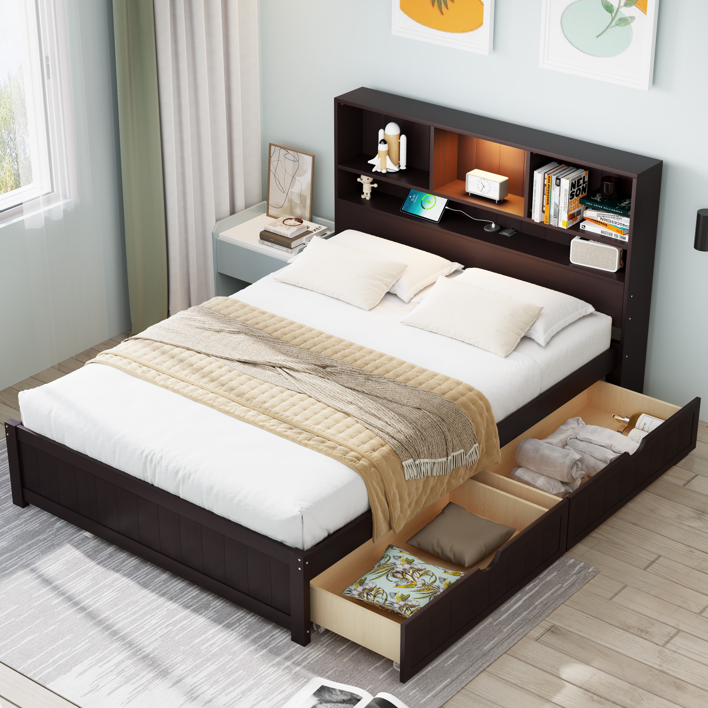 Miniyam Full Size Bed with Bookcase Headboard, Built-in Downlight ...