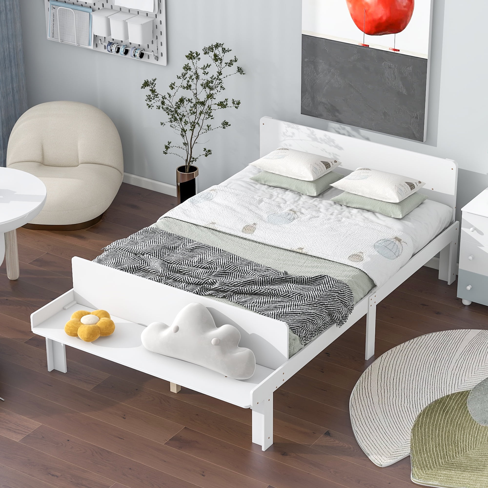 Miniyam Wood Full Size Bed with Footboard Bench for Kids, White ...
