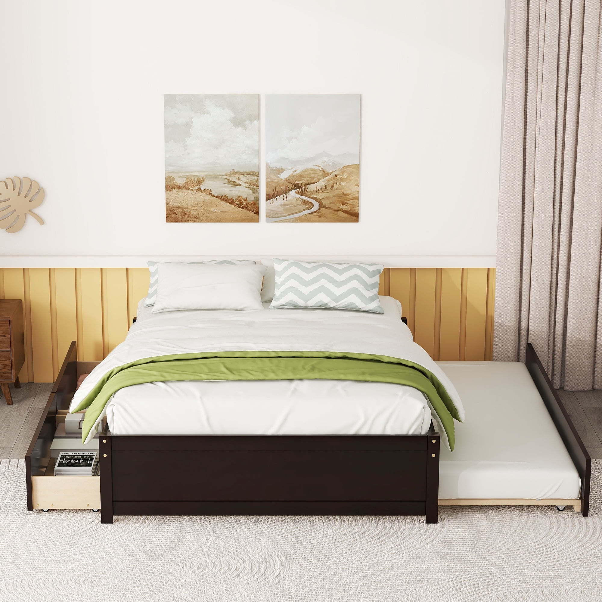 Miniyam Full Platform Bed with Twin Trundle & Storage Drawers, Pine ...