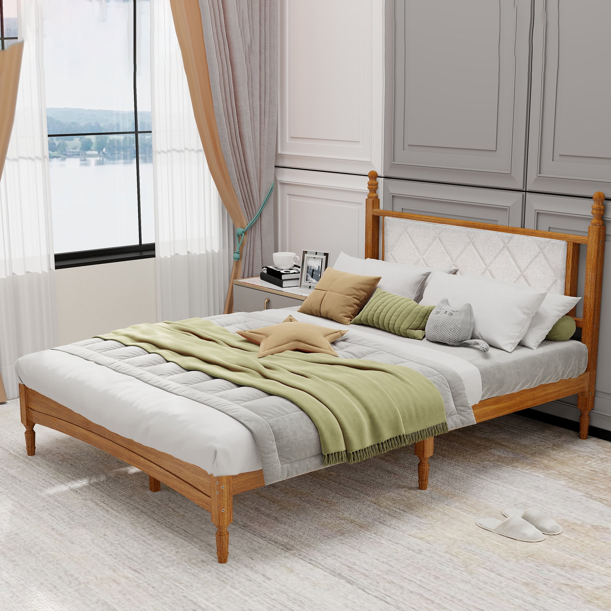 Miniyam Full Size Rubber Wood Bed with Upholstered Headboard for Adult ...