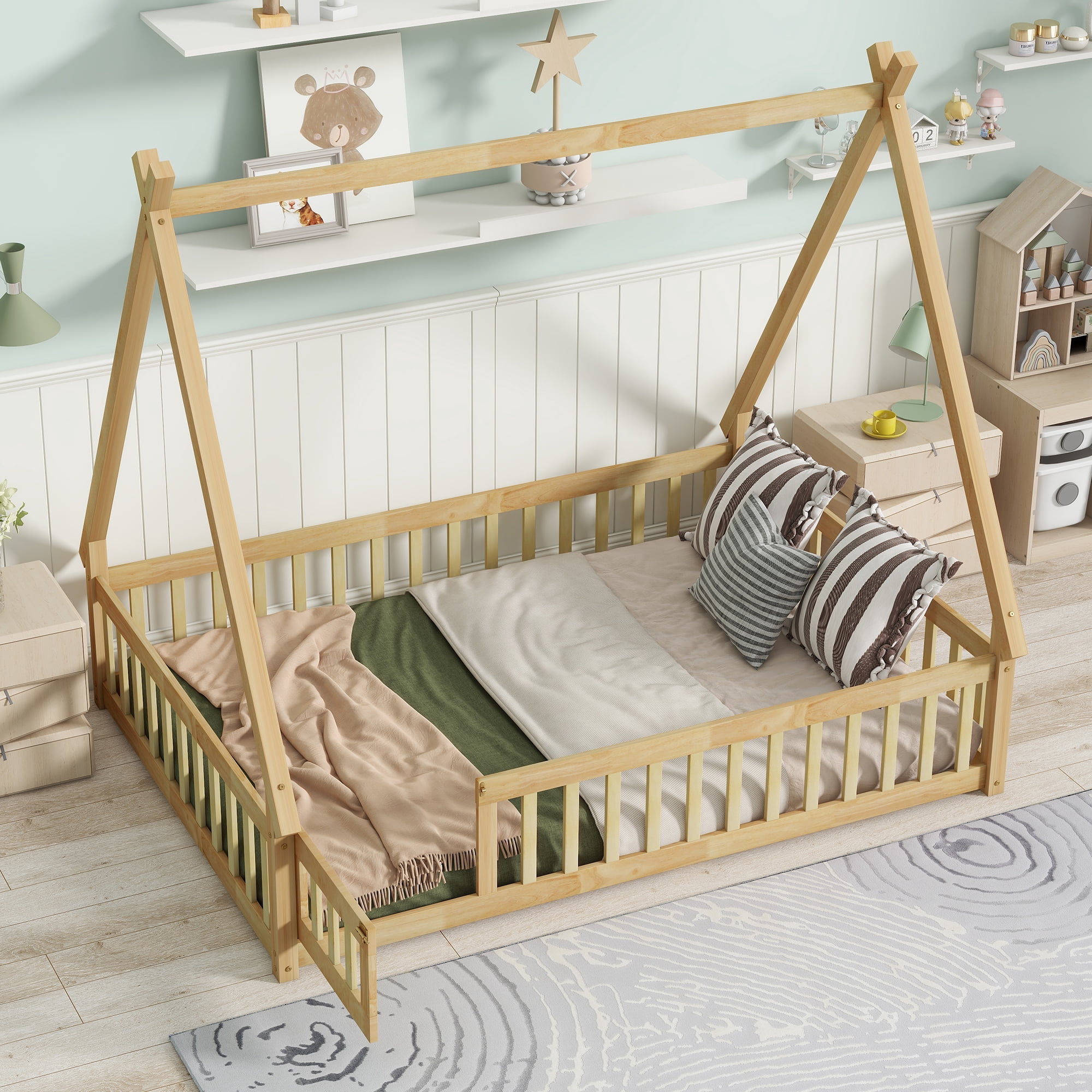 Miniyam Full Size Teepee Tent Floor Bed with Guardrails and Lockable ...