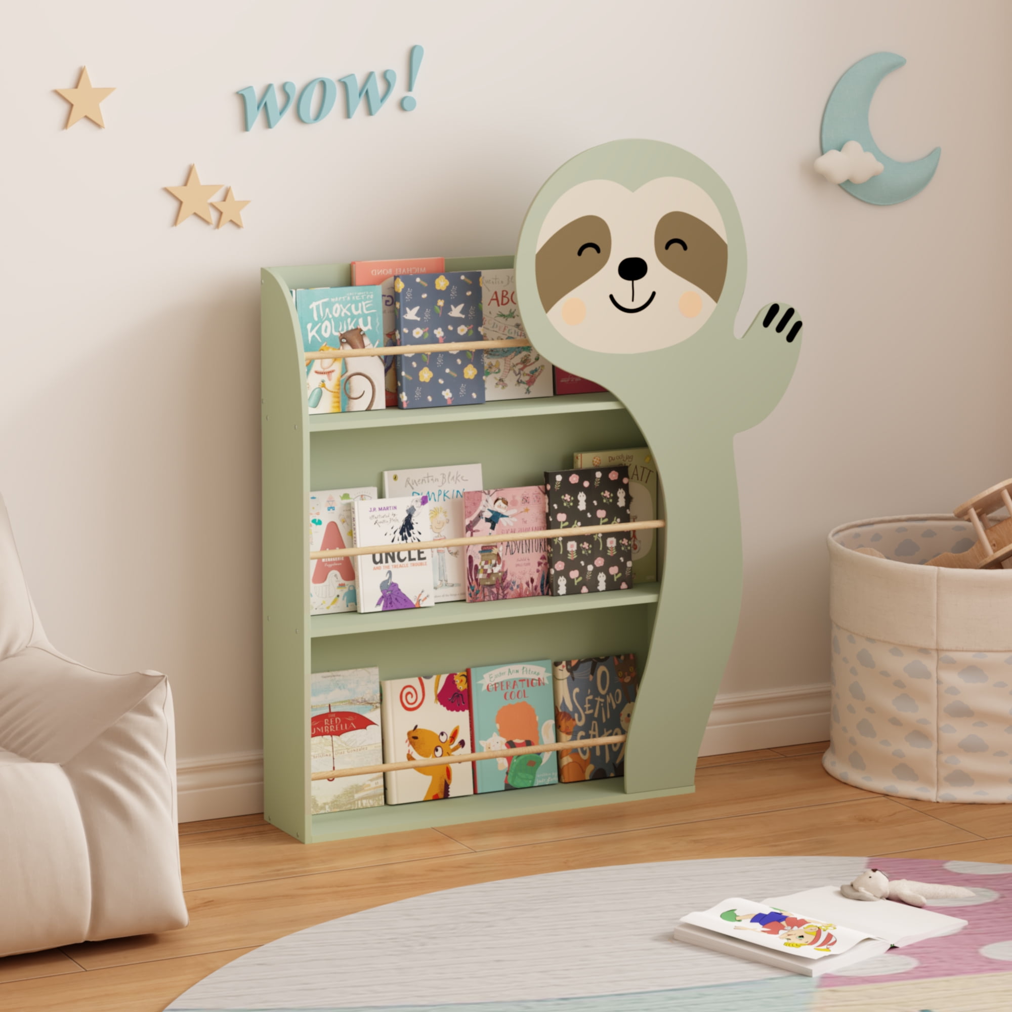 Miniyam Kids Sloth Bookshelf, 3-Tier Front-Facing Toddler Book Rack ...