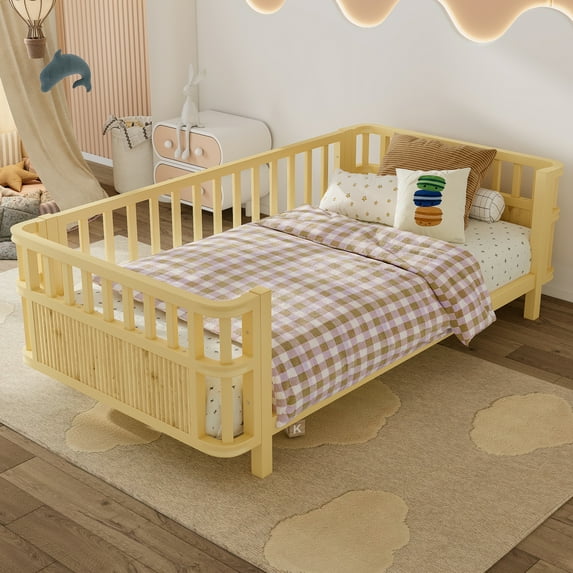 Miniyam Kids Twin Fence Bed with Safety Rails, Low Profile Platform Bed ...