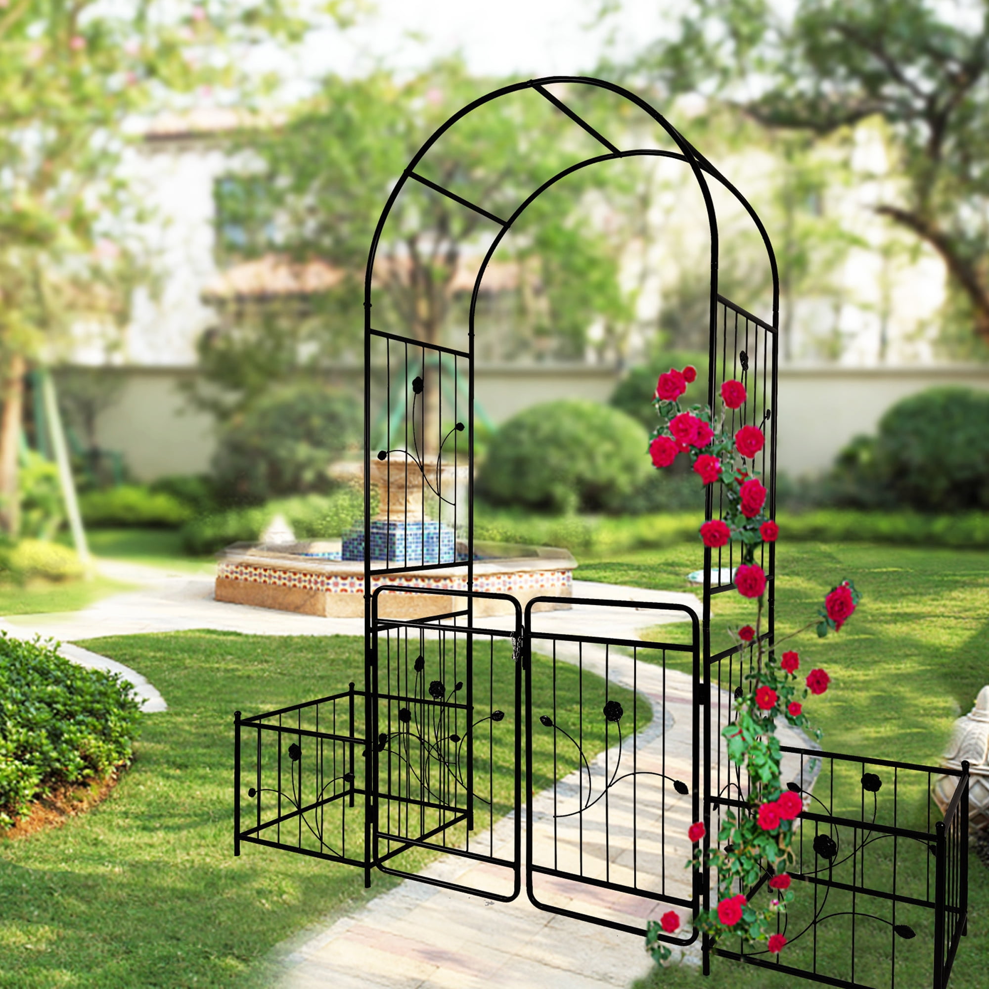 Miniyam Metal Garden Arch with Double Doors and 2 Side Planter Baskets ...