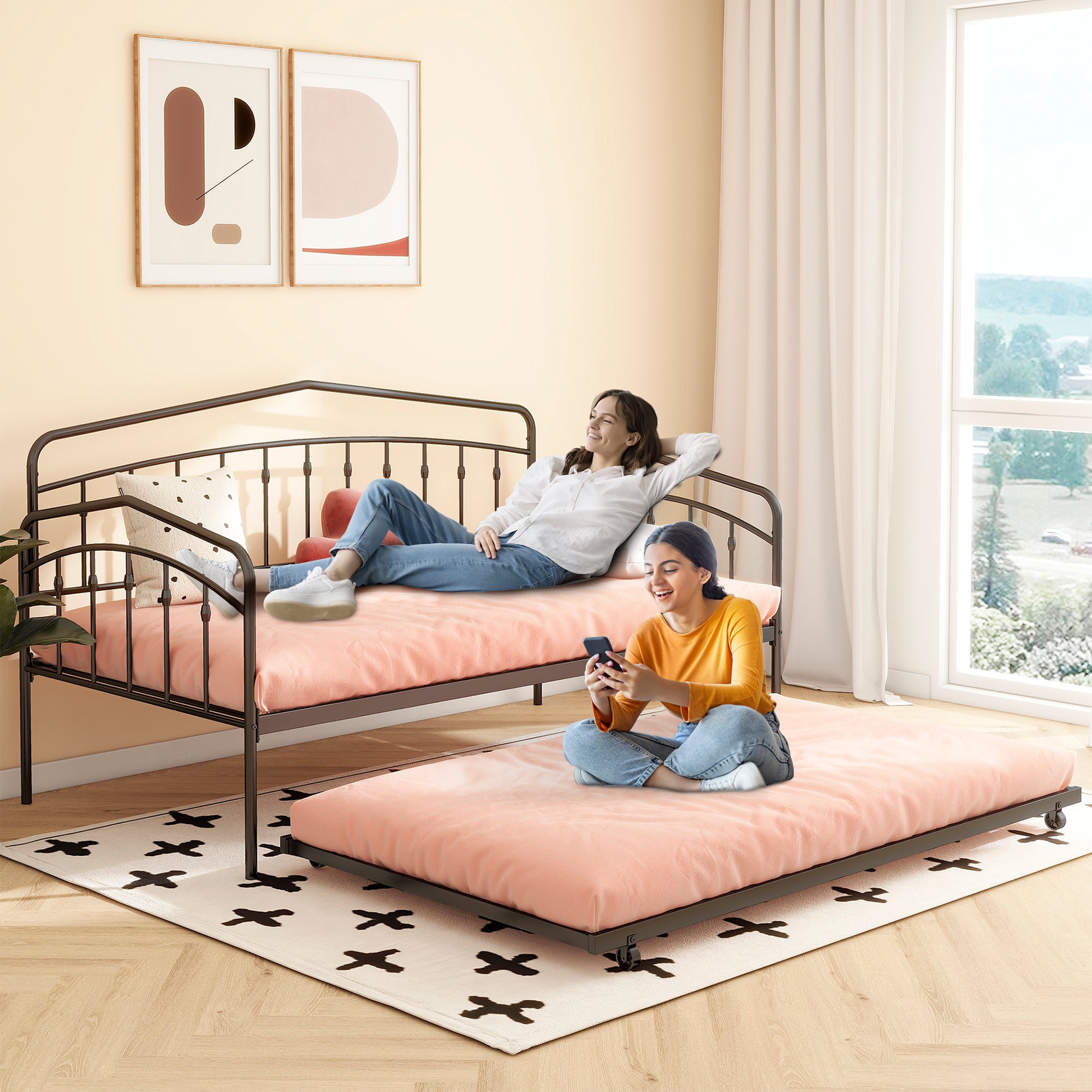 Miniyam Metal Twin Daybed with Pull Out Twin Trundle,Trundle Bed for ...