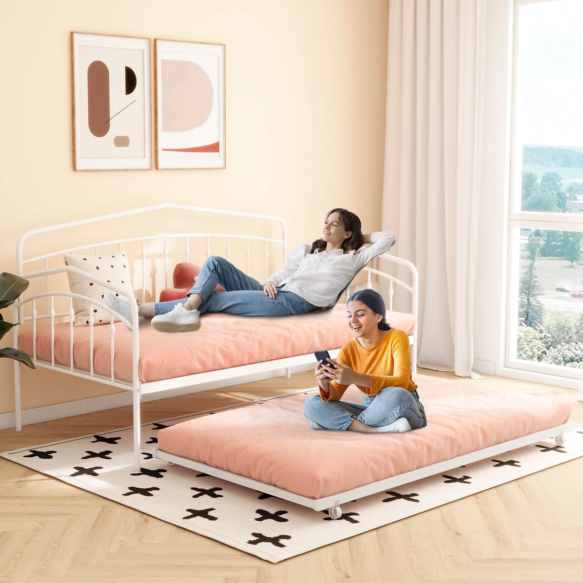 Miniyam Metal Twin Daybed with Pull Out Twin Trundle Trundle Bed for Living Room Guest Room White Mattress Not Included