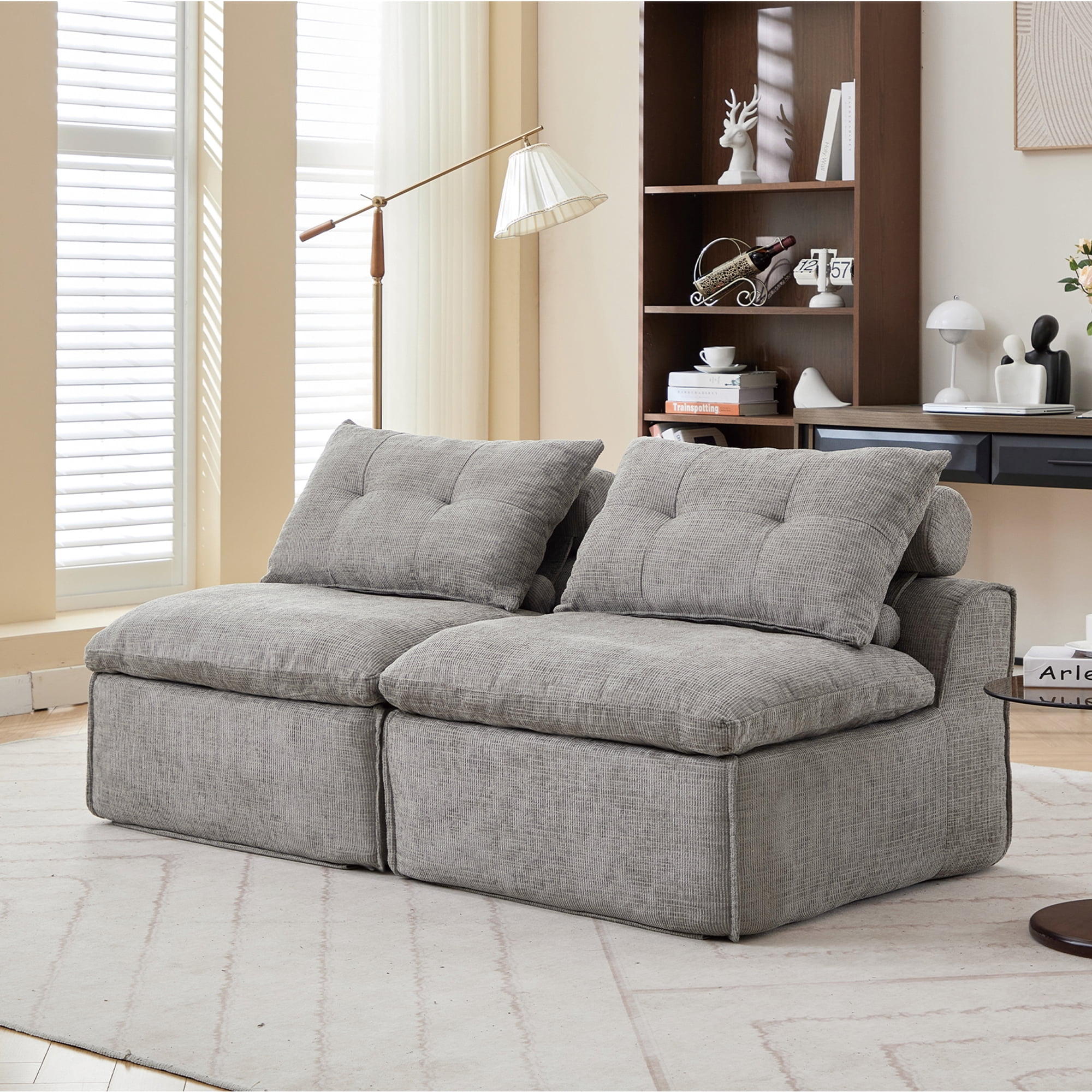 Miniyam Modular Floor Sofa with Lumbar Pillow, Armless Chenille Lounge ...