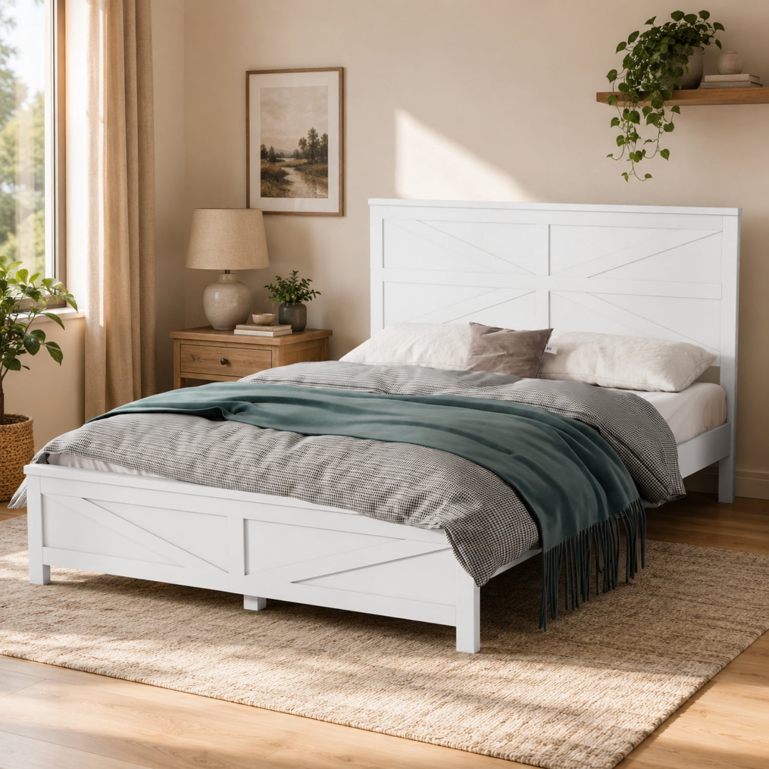 Miniyam Queen Bed with Barn Door Headboard and Footboard, Farmhouse ...