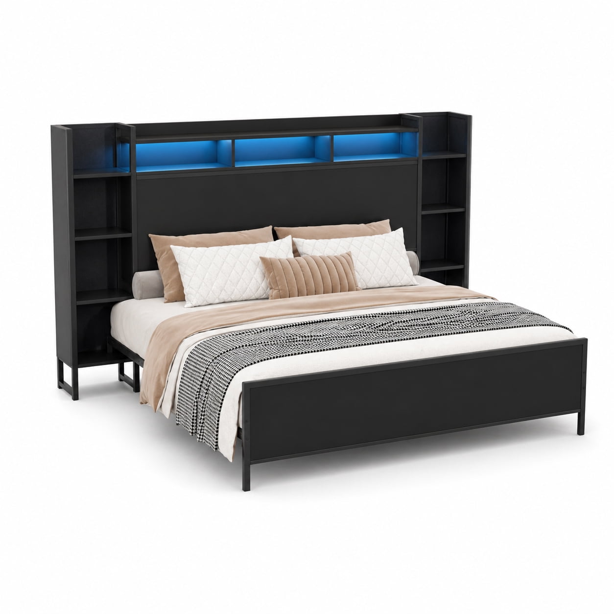 Miniyam Queen Platform Bed Frame with Bookcase Headboard, Charging ...