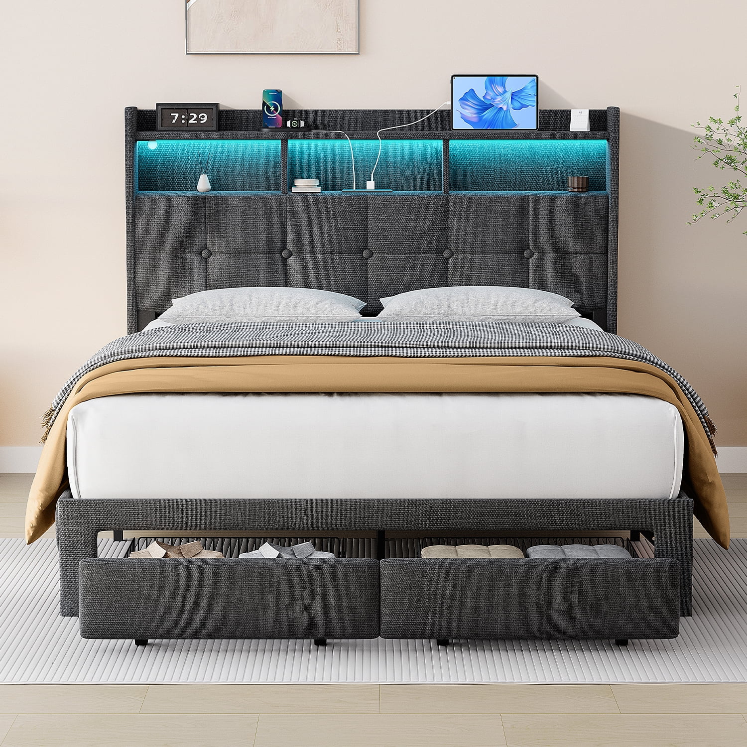 Miniyam Queen LED Bed with Upholstered Headboard, Drawers & Charging ...