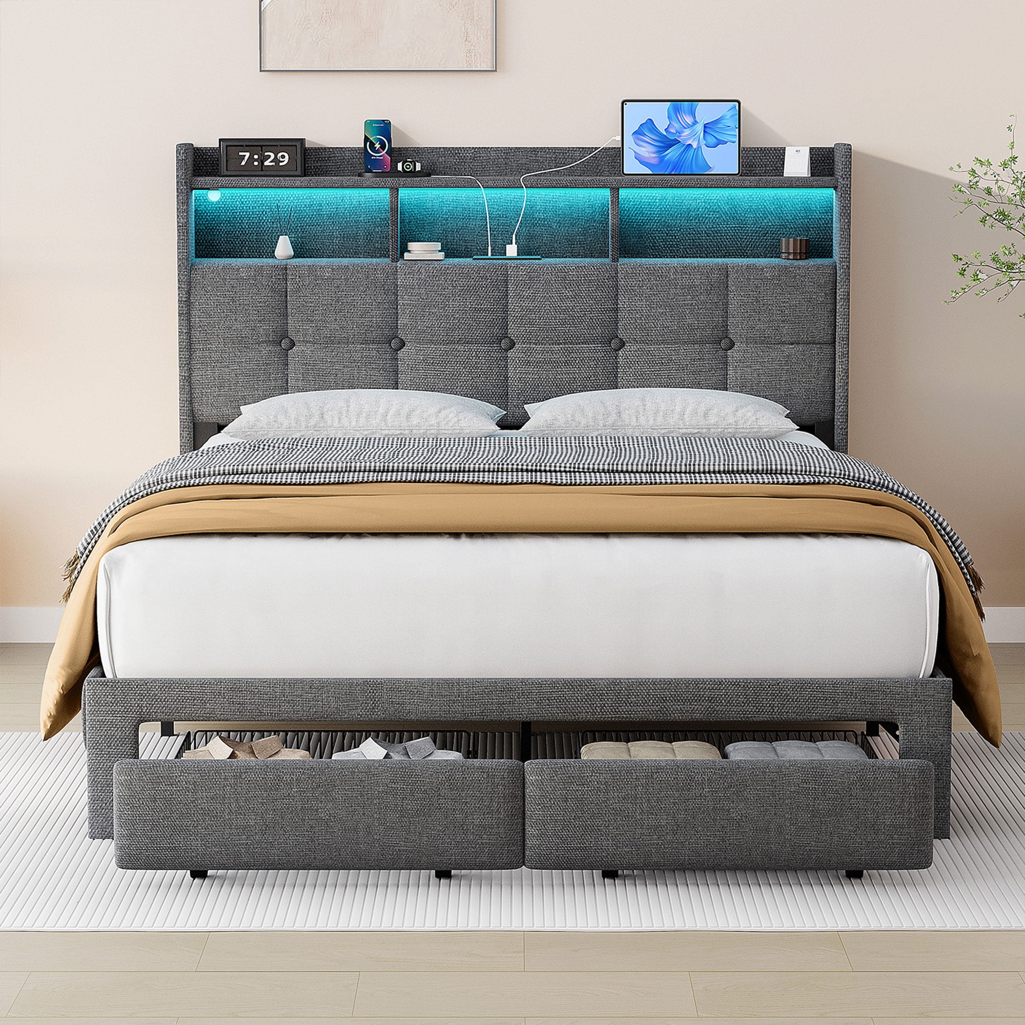 Miniyam Queen LED Bed with Upholstered Headboard, Drawers & Charging ...