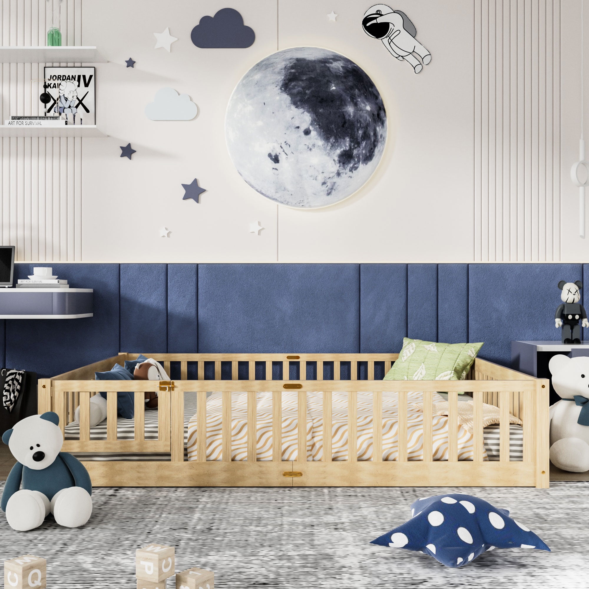 Miniyam Wood Queen Size Floor Bed with Safety Guardrails for Toddler ...