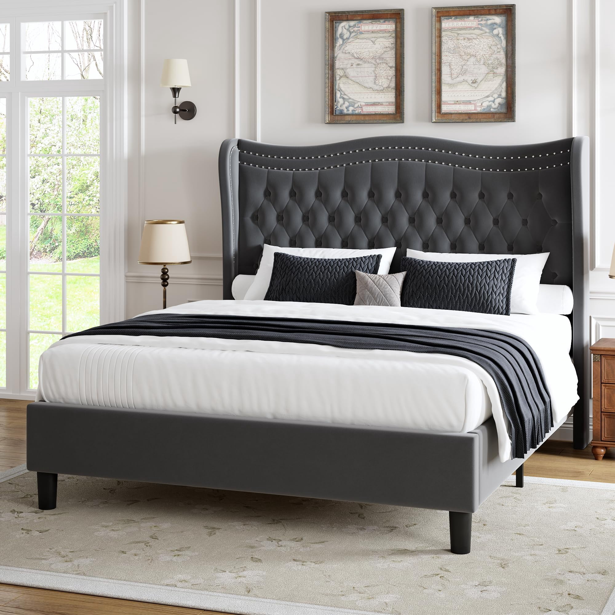 Miniyam Queen Size Wingback Bed with 52" Velvet Upholstered Headboard ...