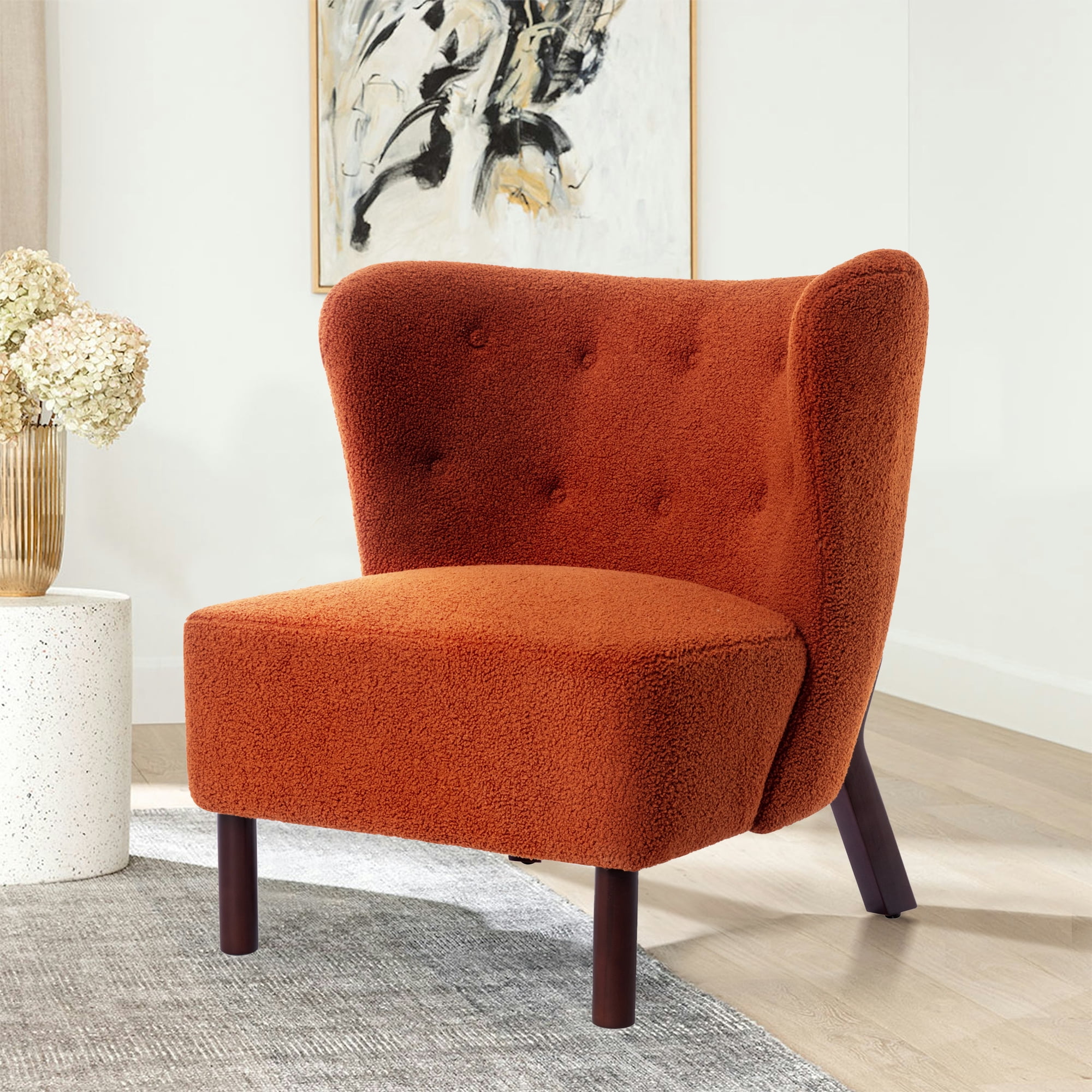 Miniyam Sherpa Boucle Accent Chair with Wooden Legs,Round Upholstered ...