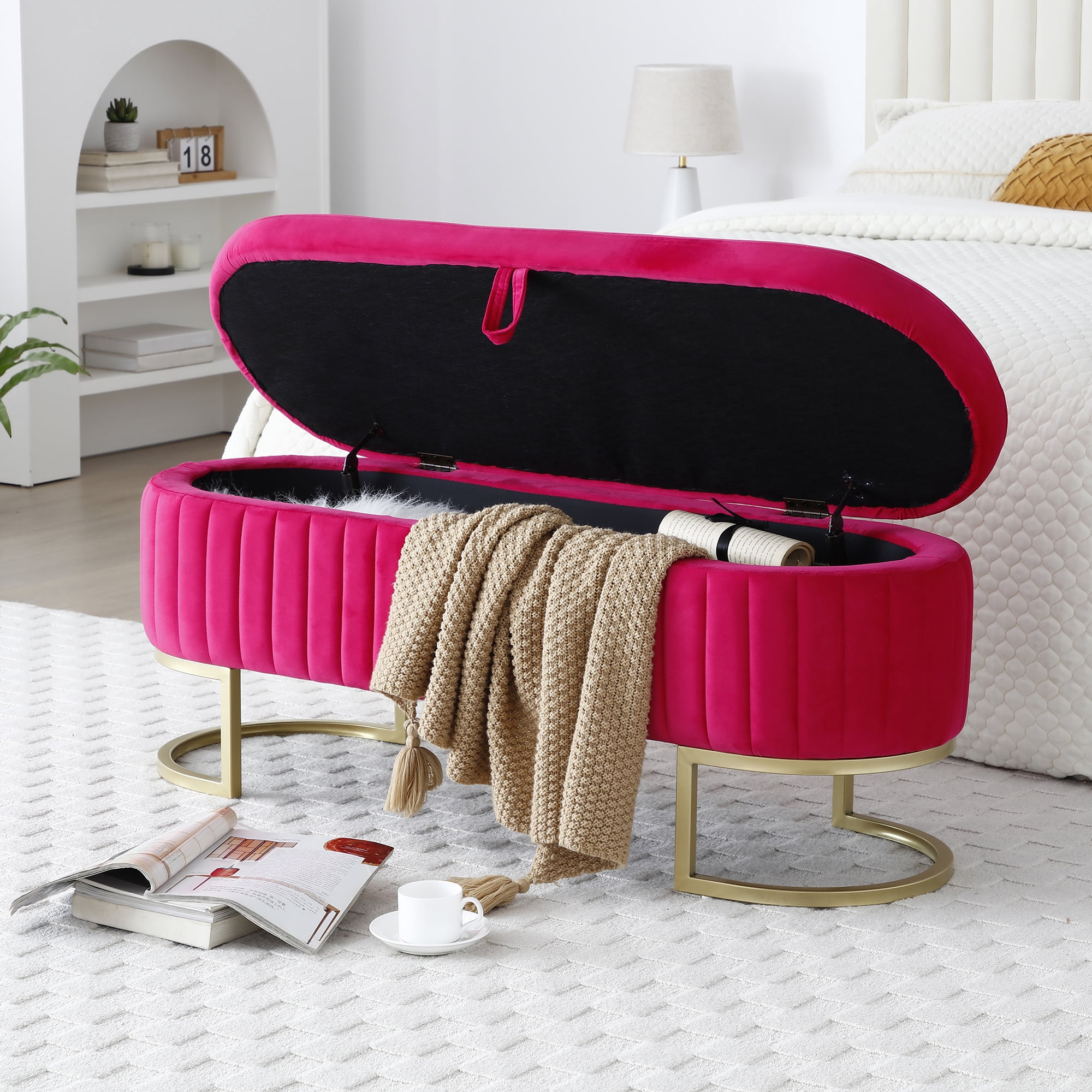 Miniyam Velvet Upholstered Storage Ottoman Bench with Golden Metal Legs ...