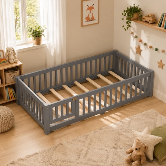 Miniyam Twin Floor Bed for Kids – Low Profile Wood Bed Frame with Rails ...