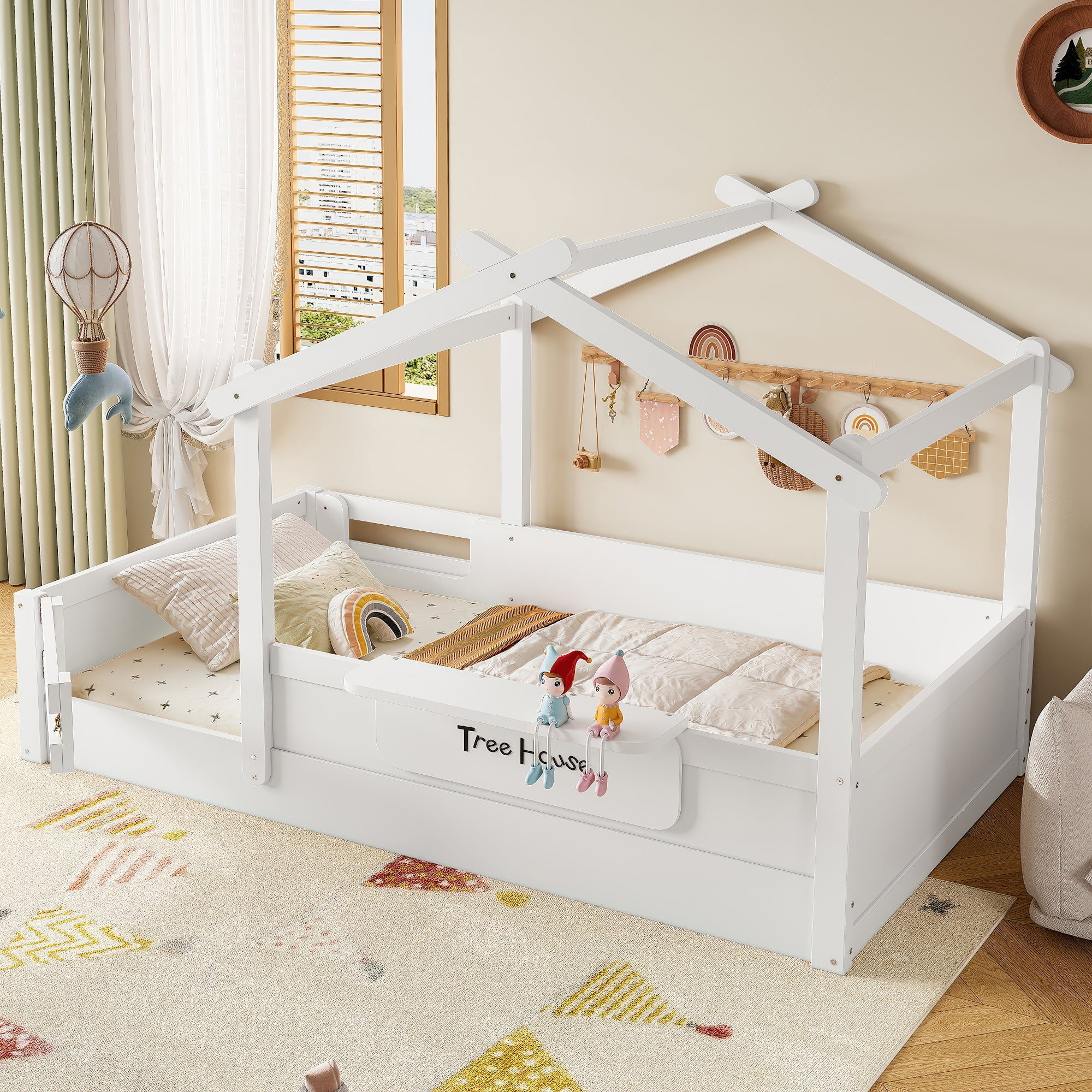 Miniyam Twin House Floor Bed with Fence and Door, Enclosed Kids Floor ...