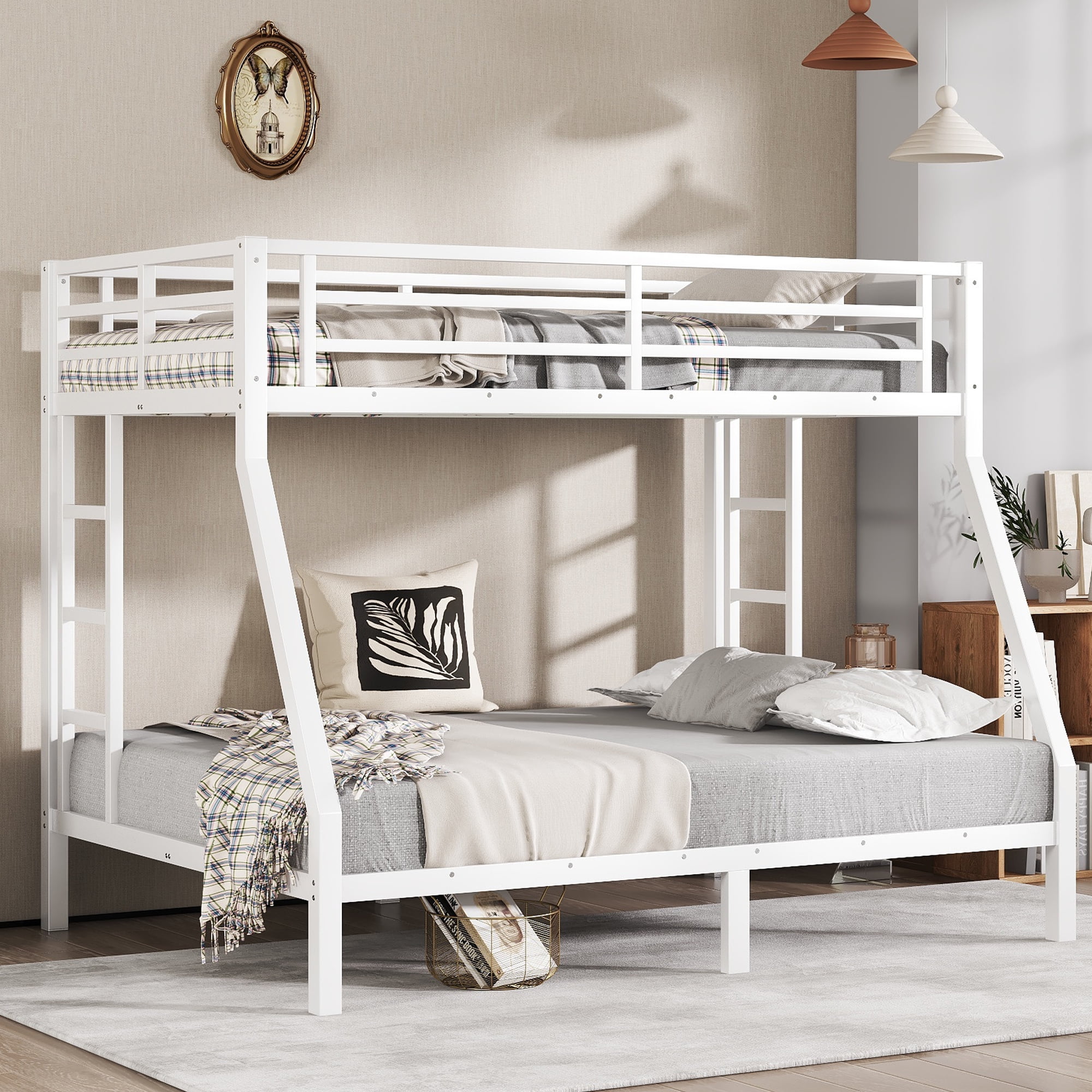 Miniyam Twin Over Full Metal Bunk Bed Frame with Guardrails and Ladder ...