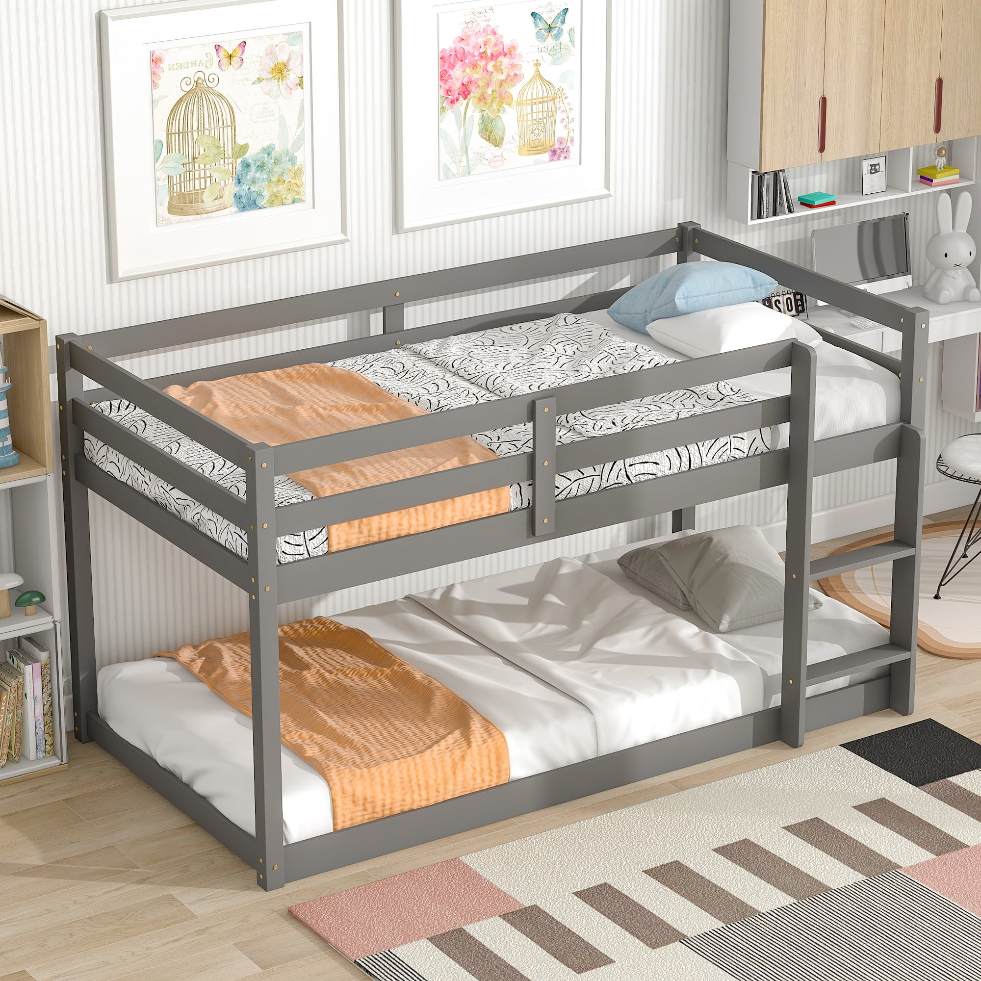 Free Shipping! Miniyam Twin Over Twin Bunk Bed for Kids, Gray, Sturdy ...