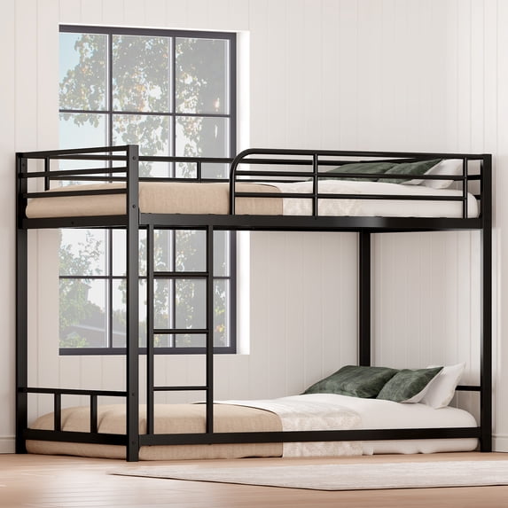 Miniyam Twin Over Twin Metal Bunk Bed Frame with Ladder and Guardrails ...