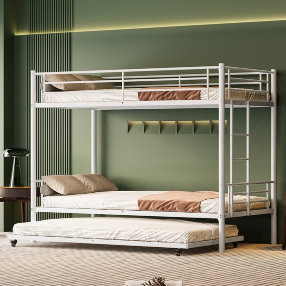 Miniyam Twin Over Twin Metal Bunk Bed with Trundle, Heavy-Duty Steel ...