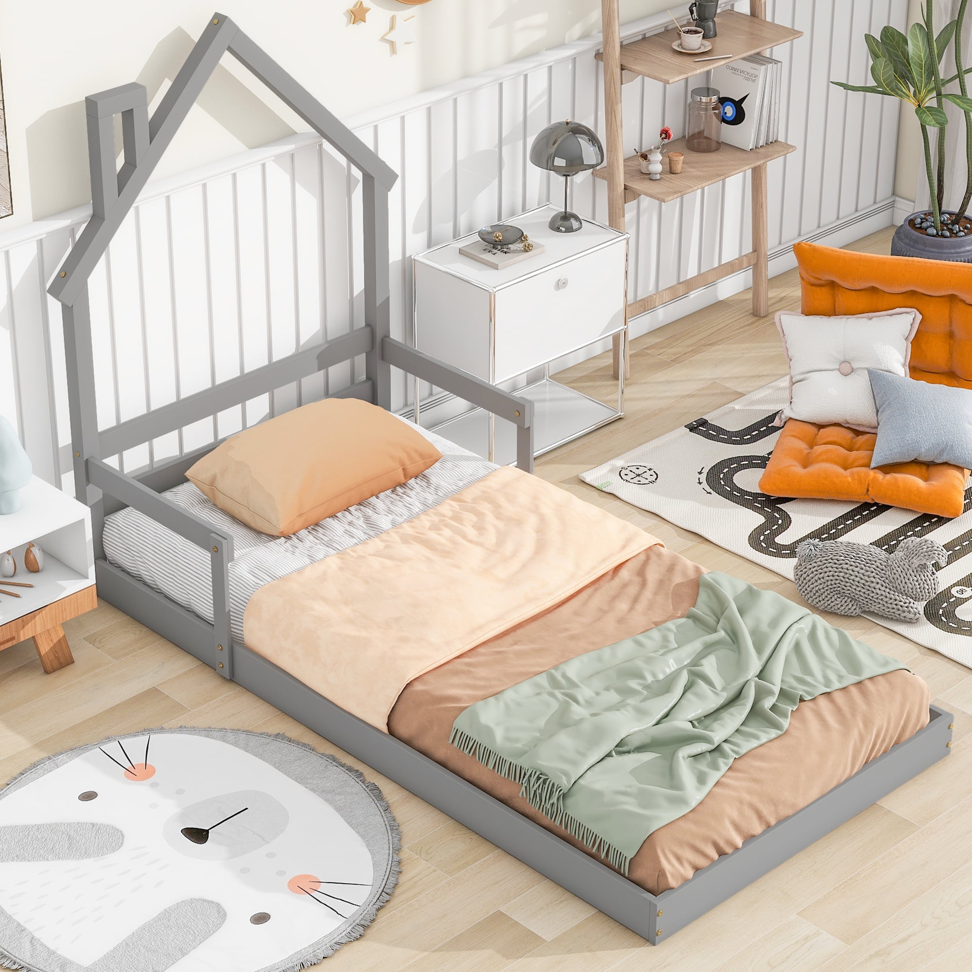 Free Shipping! Miniyam Twin Size Floor Bed with House Headboard ...