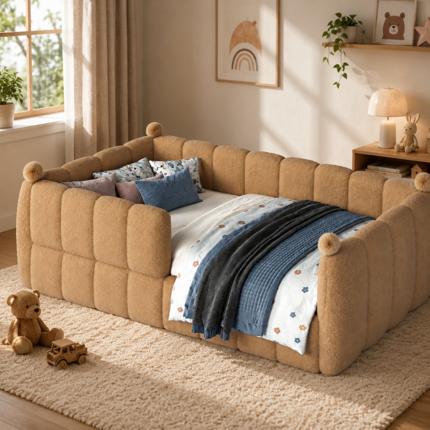 Miniyam Twin Size Kids Floor Bed with Soft Upholstered Guardrails, Low ...