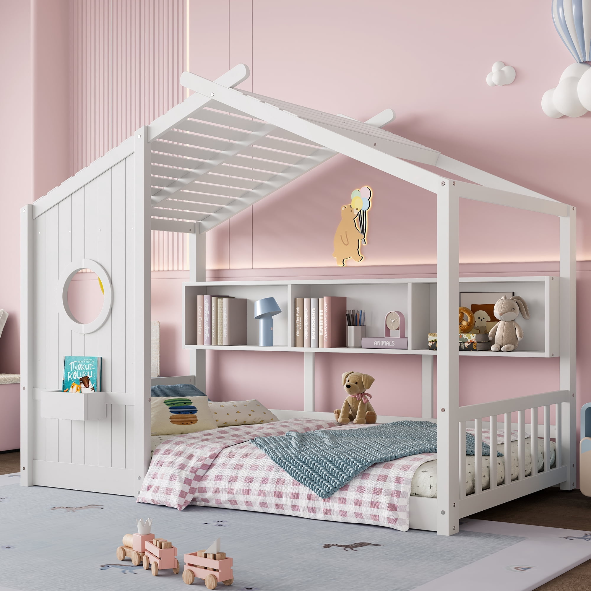 Miniyam Twin Size Montessori Floor House Bed with Roof Design and ...