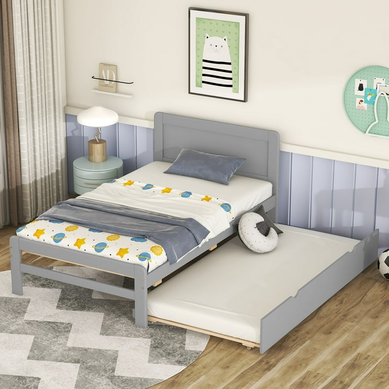 Miniyam Wood Twin Size Bed with Trundle for Kids Gray Walmart