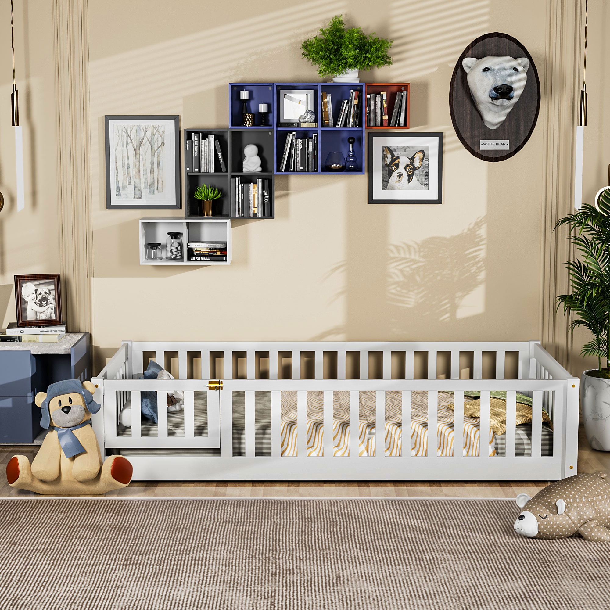 Miniyam Twin Size Toddler Floor Bed with Fence, White - Walmart.com