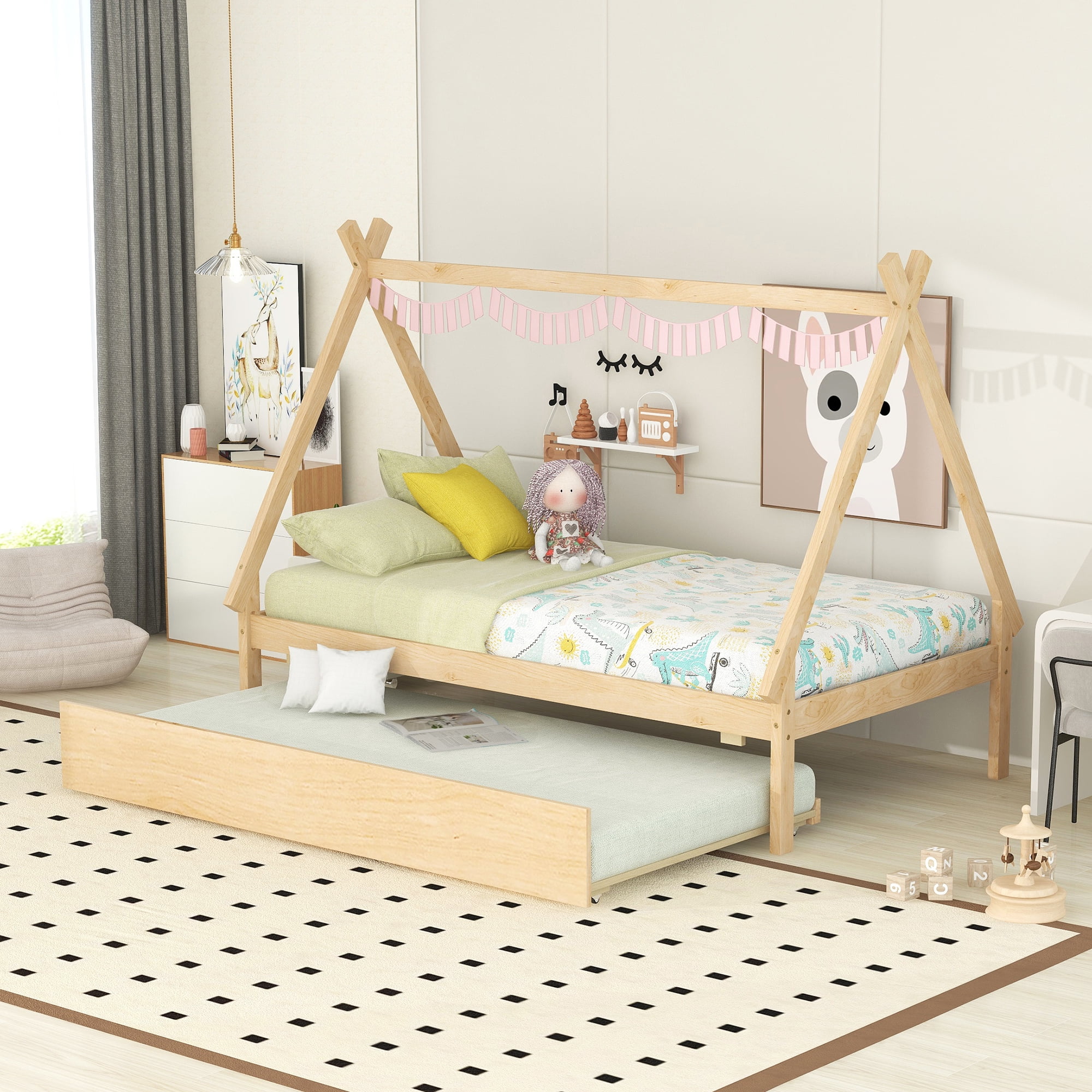 Free Shipping! Miniyam Twin Size Wood Teepee Bed with Trundle, Wood ...