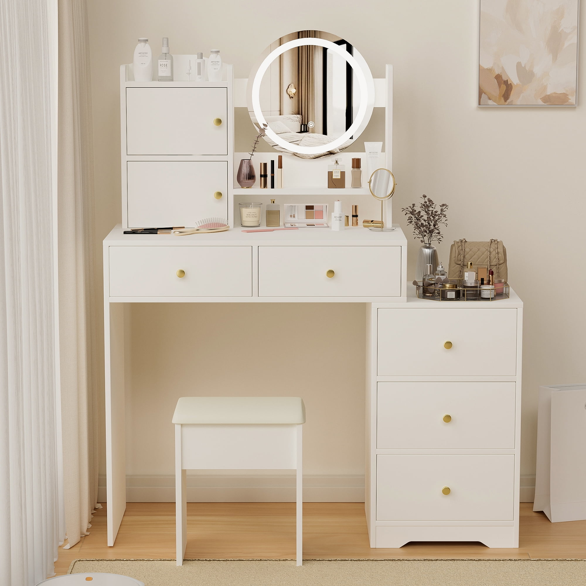 Miniyam Vanity Desk with Mirror and Lights, Drawers, Shelves & Stool ...