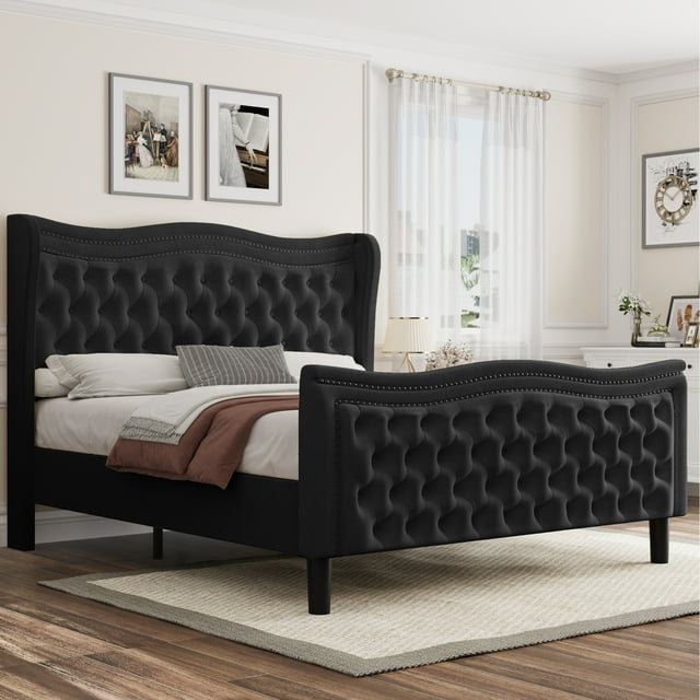 Miniyam Velvet Full Size Bed with Wingback Button-Tufted Headboard ...