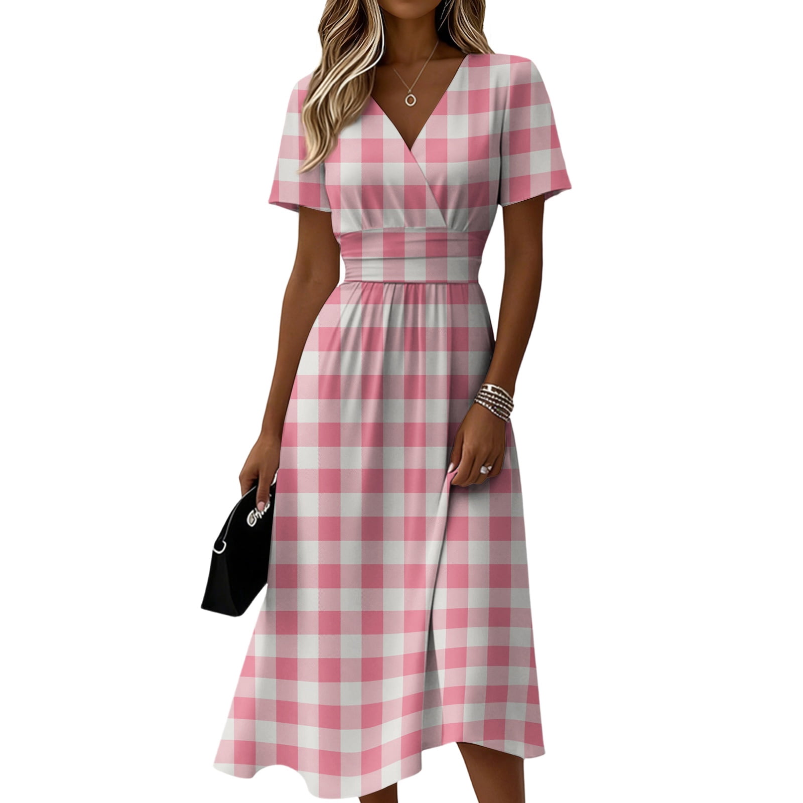 Minjewel Summer Dresses for Women 2026 - Gingham Print Casual Midi ...
