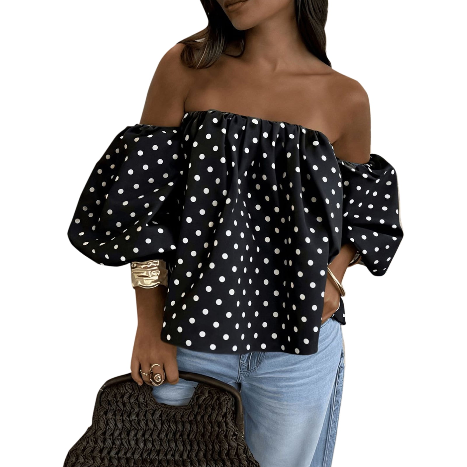 Minjewel Summer Tops for Women Short Sleeve , Puff Sleeve Off Shoulder ...