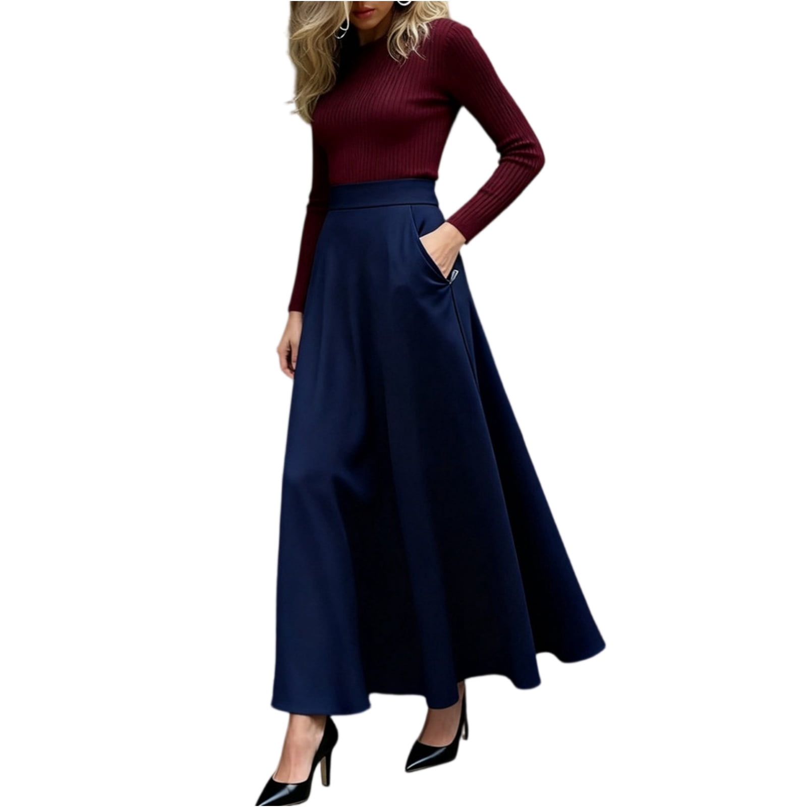 Minjewel Women's Skirts Elegant Casual Style Solid Color Midi Length ...