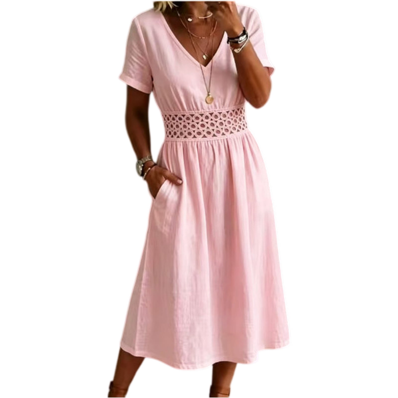 Minjewel Womens Dresses - V Neck Short Sleeve Lace Spliced Waist Cotton ...