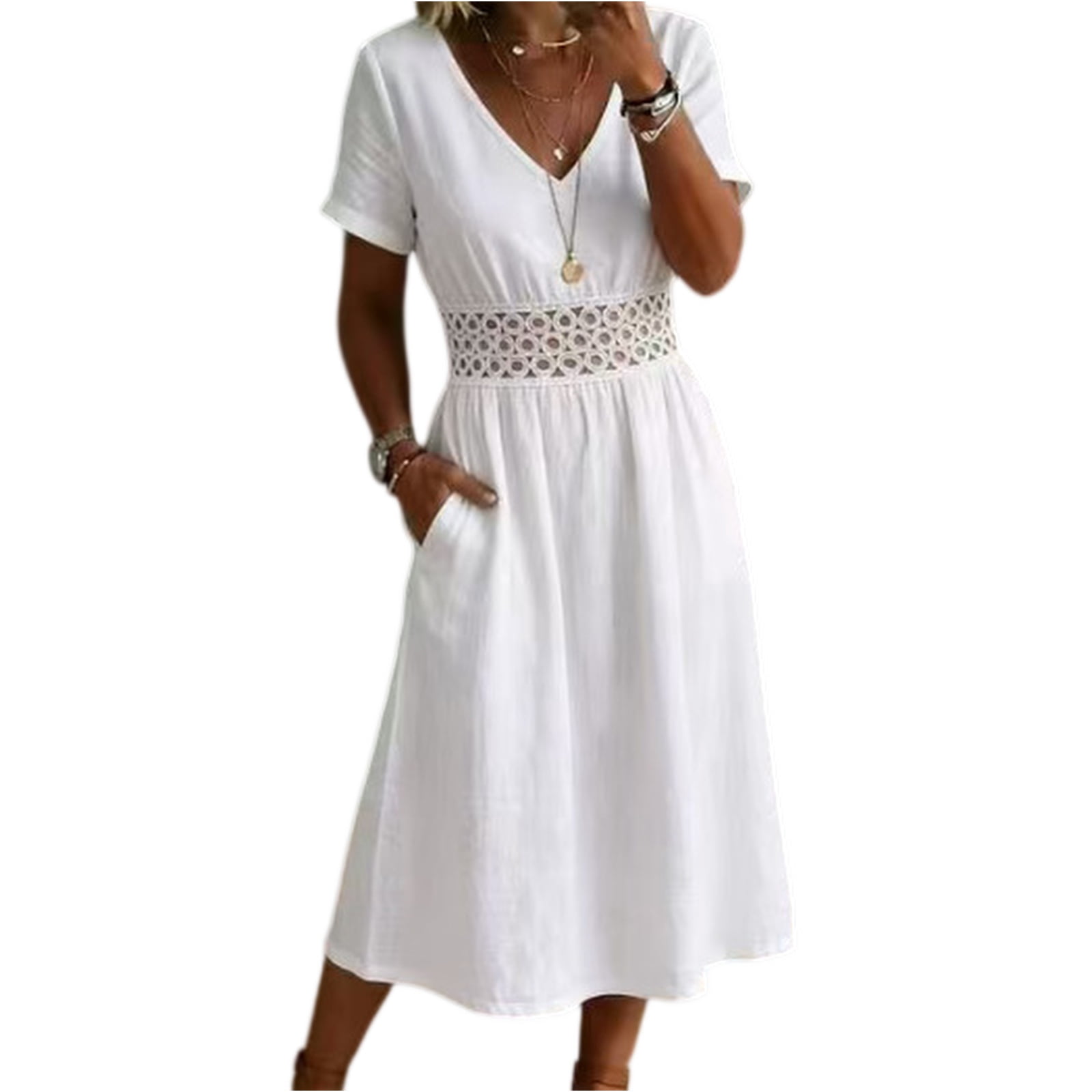 Minjewel Womens Dresses - V Neck Short Sleeve Lace Spliced Waist Cotton ...