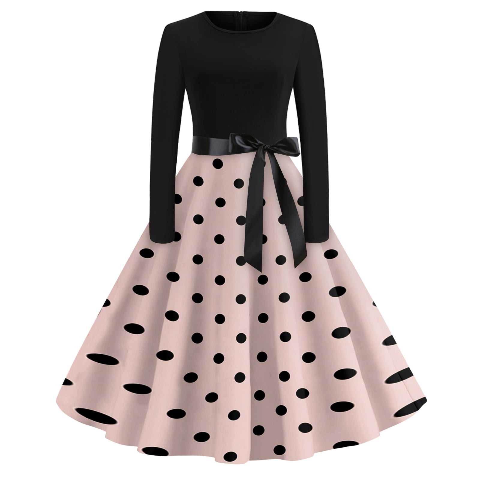 Minjewel Womens Dresses - Vintage Polka Dot Print Long Sleeve Crew Neck ...