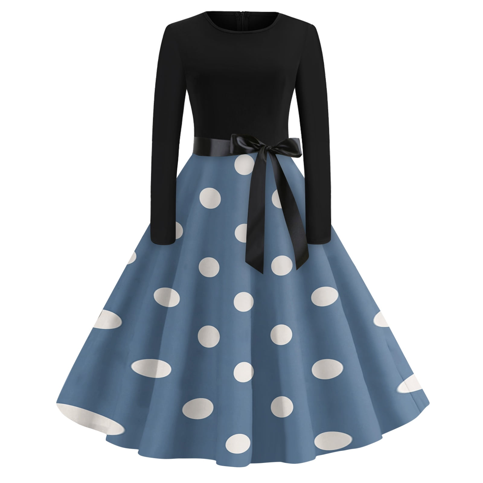 Minjewel Womens Dresses - Vintage Polka Dot Print Long Sleeve Crew Neck ...