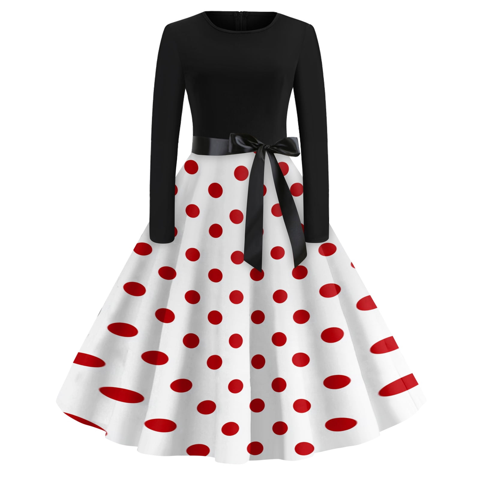 Minjewel Womens Dresses - Vintage Polka Dot Print Long Sleeve Crew Neck ...