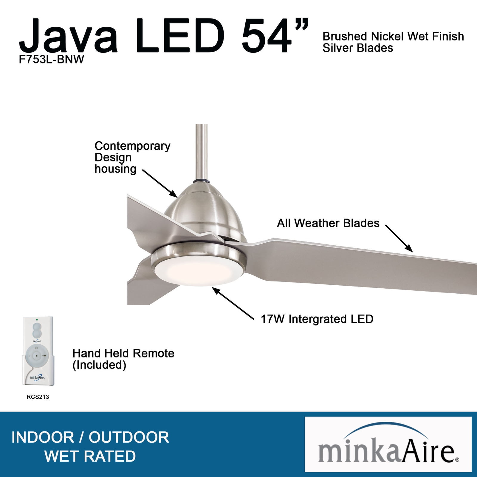 Minka Aire F753L-BNW Java 54" LED Indoor / Outdoor Brushed Nickel ...