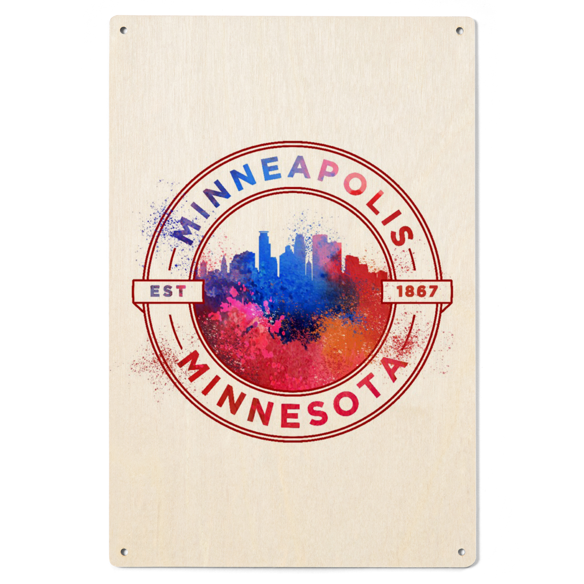 Minneapolis, Minnesota, Vibrant Watercolor, Badge Contour Birch Wood ...