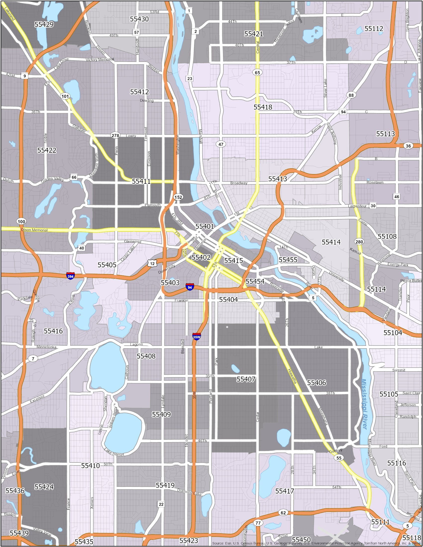 Minneapolis Zip Code Map GLOSSY POSTER PICTURE PHOTO PRINT BANNER ...