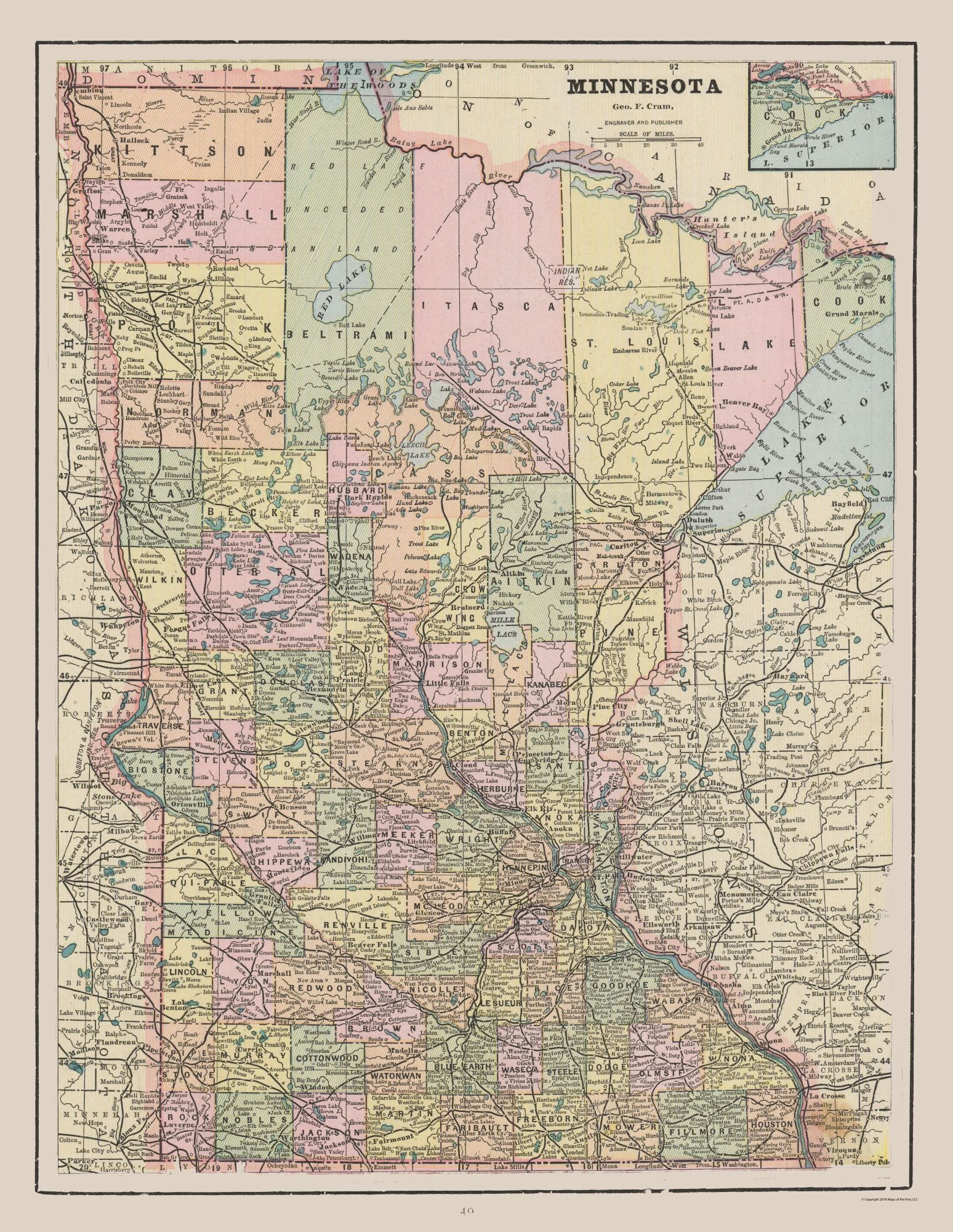 Historic State Map - Minnesota - Cram 1892 - 23 x 29.71 - Vintage Wall ...